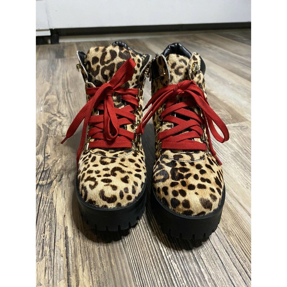 Aqua Knox Leopard Print Chunky Combat Boots, Size - 7 - Gem